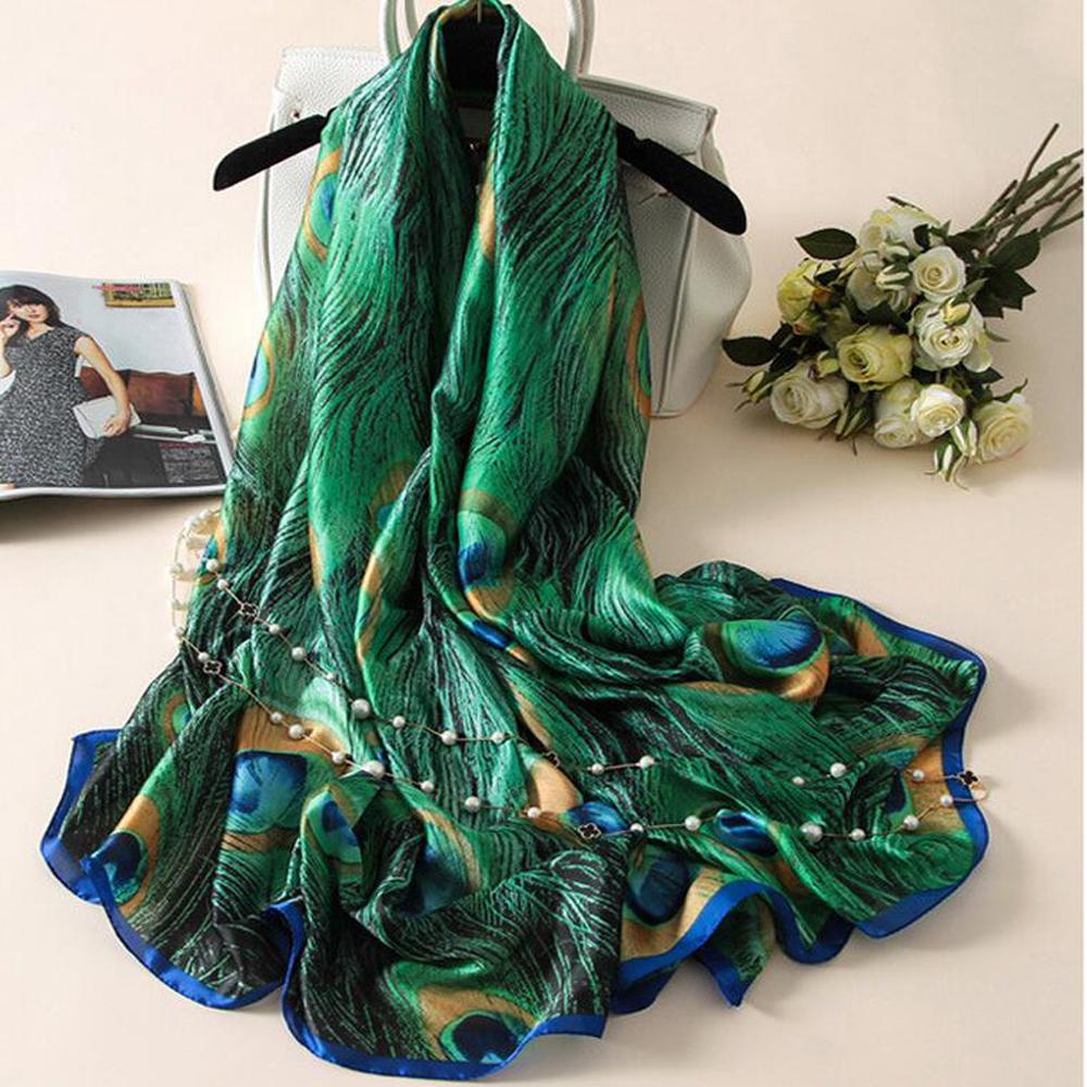 Silk Scarf-Luxurious Delicate Peacock & Floral Hair Wrap Silky Vibrant Scarves – Melody Necklace